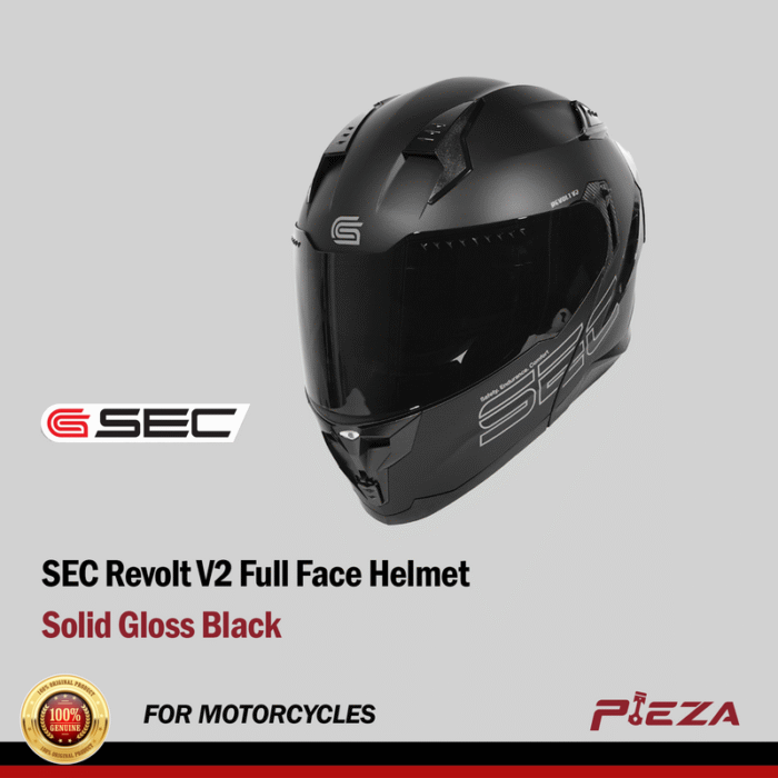 SEC Revolt V2 Full Face Helmet - Solid Gloss Black (With Free Clear ...
