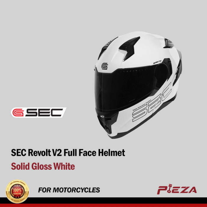 SEC Revolt V2 Full Face Helmet - Solid Gloss White (With Free Clear ...