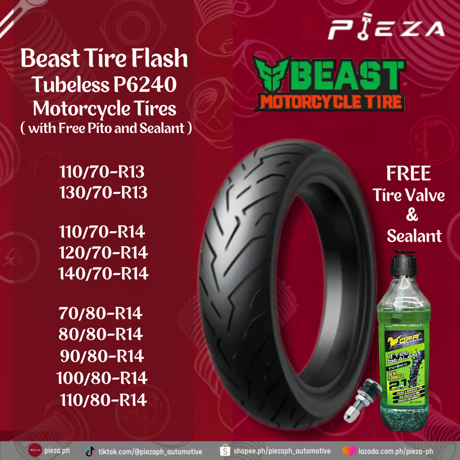 Beast Tire Flash Tubeless P6240 Motorcycle Tires with Tire Valve and ...